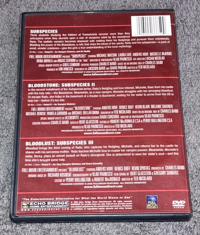 Subspecies/Bloodstone II/Bloodlust III DVD Angus Scrimm Anders Hove ...