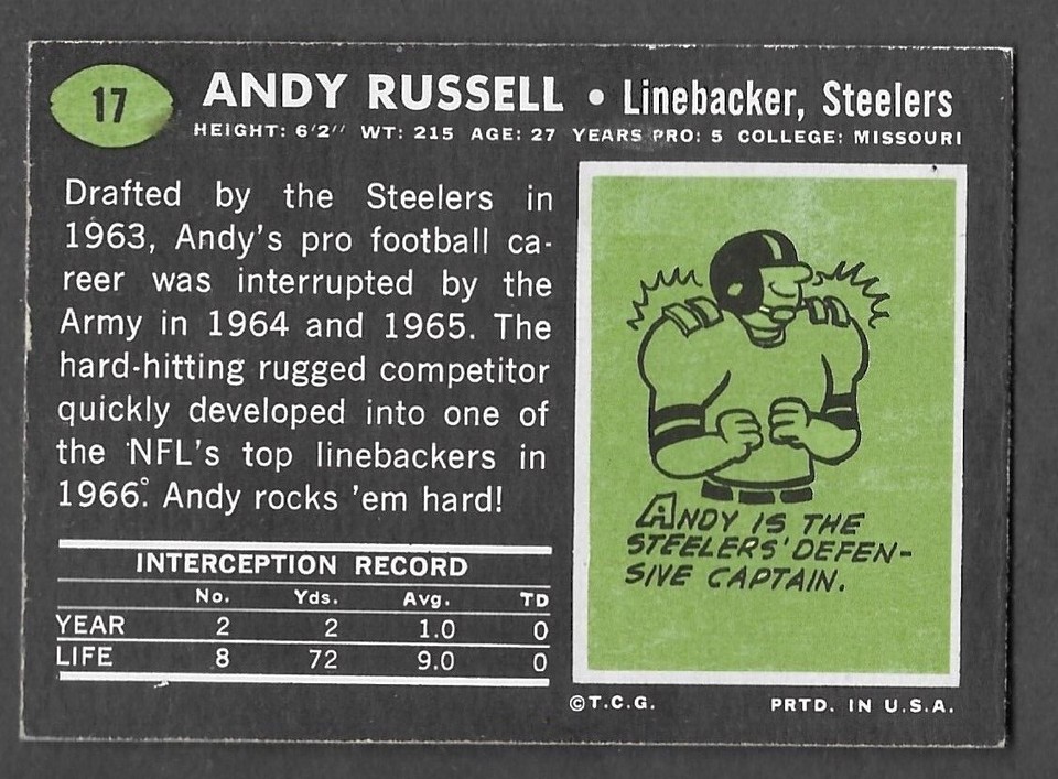 1969 Topps #17 Andy Russell Steelers Missouri NICE EXMT | eBay
