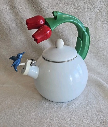 Teapot Hummingbird Tulip Flower Enamel Whistling White Tea Kettle ...
