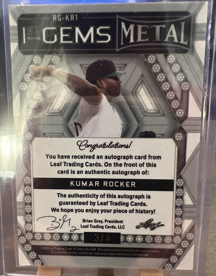 2022 Leaf Metal Baseball Kumar Rocker 1st Round Gems Autographed #’d 3/ ...