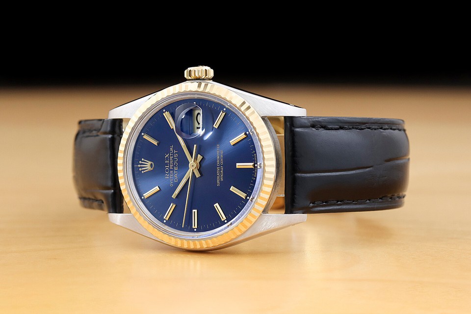 ROLEX MENS DATEJUST 16013 BLUE DIAL 18K GOLD STEEL WATCH w/ BLACK ...