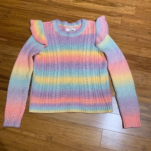 LOFT Sweater Womens Medium Pastel Rainbow Ruffle Shoulder Cable Knit ...