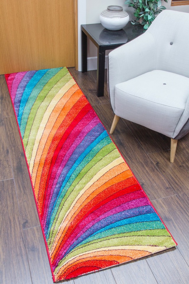 Rainbow Rug Runner Multi Colour Bright Vibrant Hand Carved 3D Effect ...