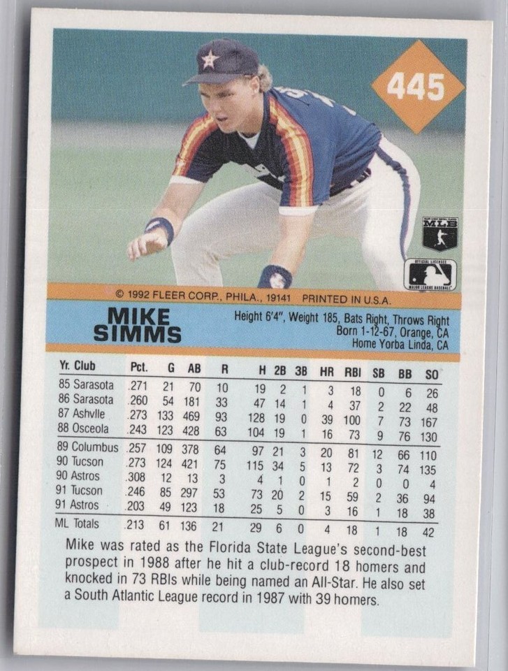 1992 Fleer Baseball Card #445 Mike Simms Astros | eBay