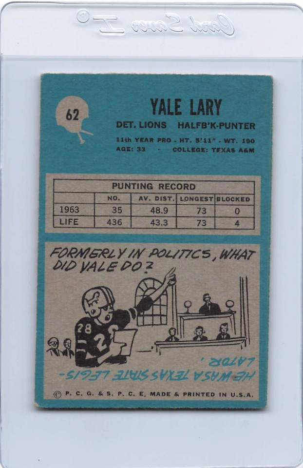 1964 Philadelphia #62 Yale Lary Lions EX/MT *DA-C8079 | eBay