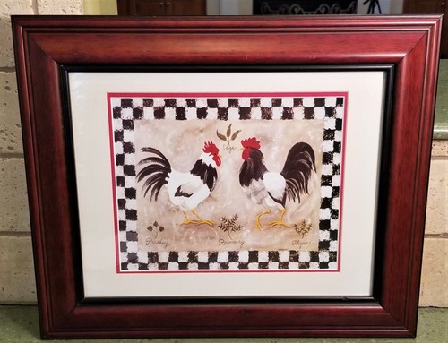 18" FRAMED ART/PRINT~ROOSTERS CHECKERBOARD FARM HOUSE KITCHEN DECOR ...