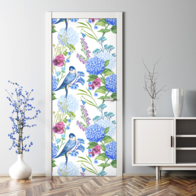 Adhesive Door sticker adhesive Birds Flower Watercolour Floral Kids ...