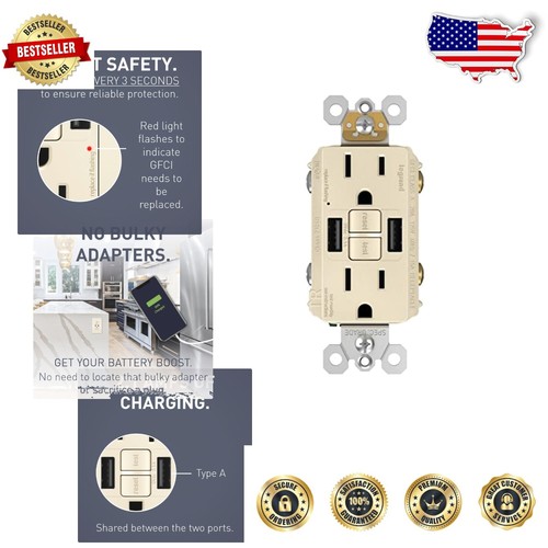 Dual USB & GFCI Outlet - Light Almond Decorator Design with SafeLock ...