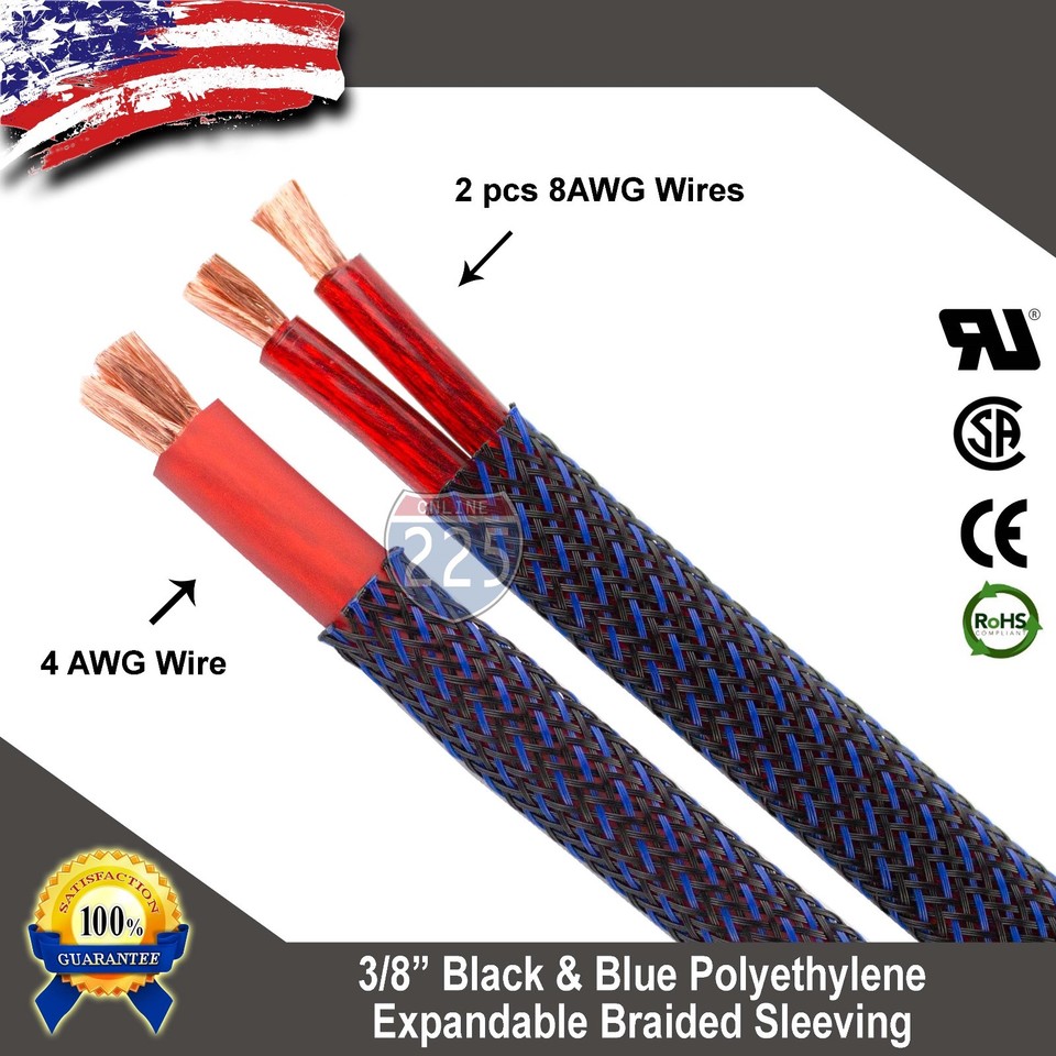50 FT 3/8" Black Blue Expandable Wire Sleeving Sheathing Braided Loom ...