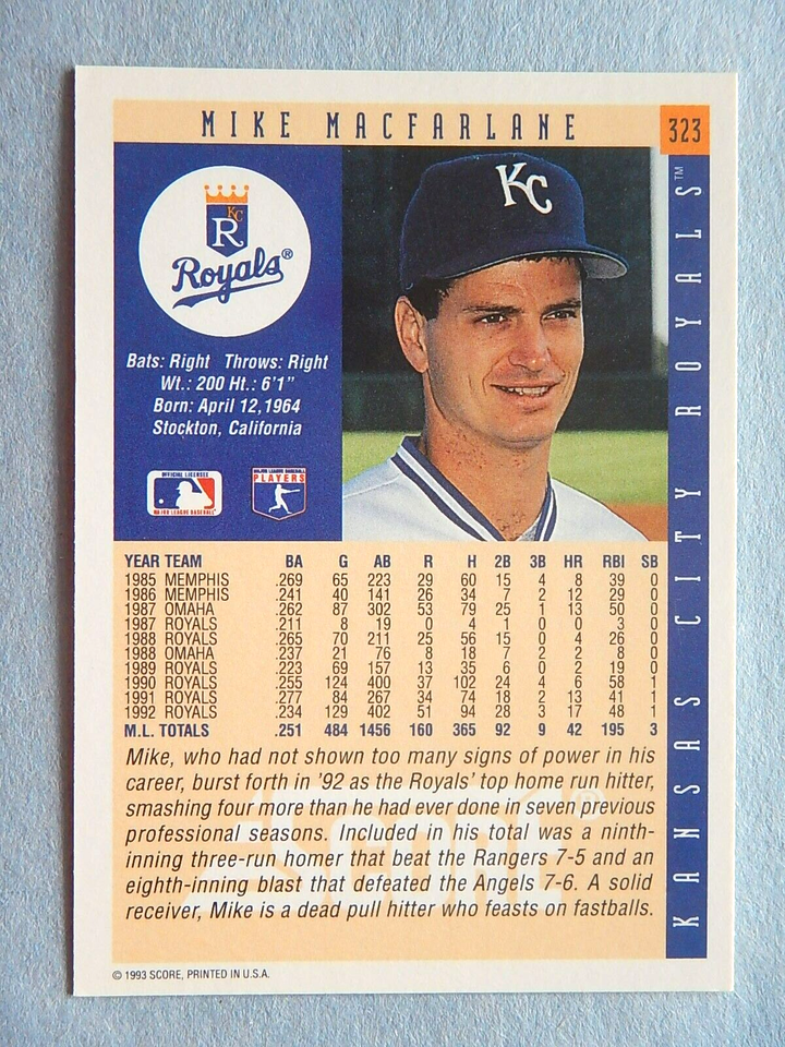 Mike MacFarlane #323 Score 1993 Baseball Card (Kansas City Royals) LN ...