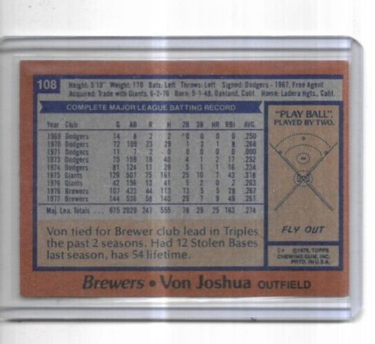 1978 Topps #108 Von Joshua Milwaukee Brewers | eBay