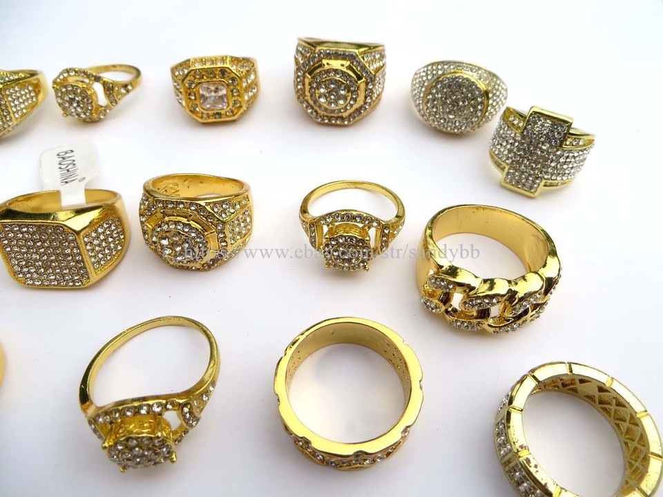 wholesale bling cocktail rings 24pc cz rhinestone gold plated men woman ...
