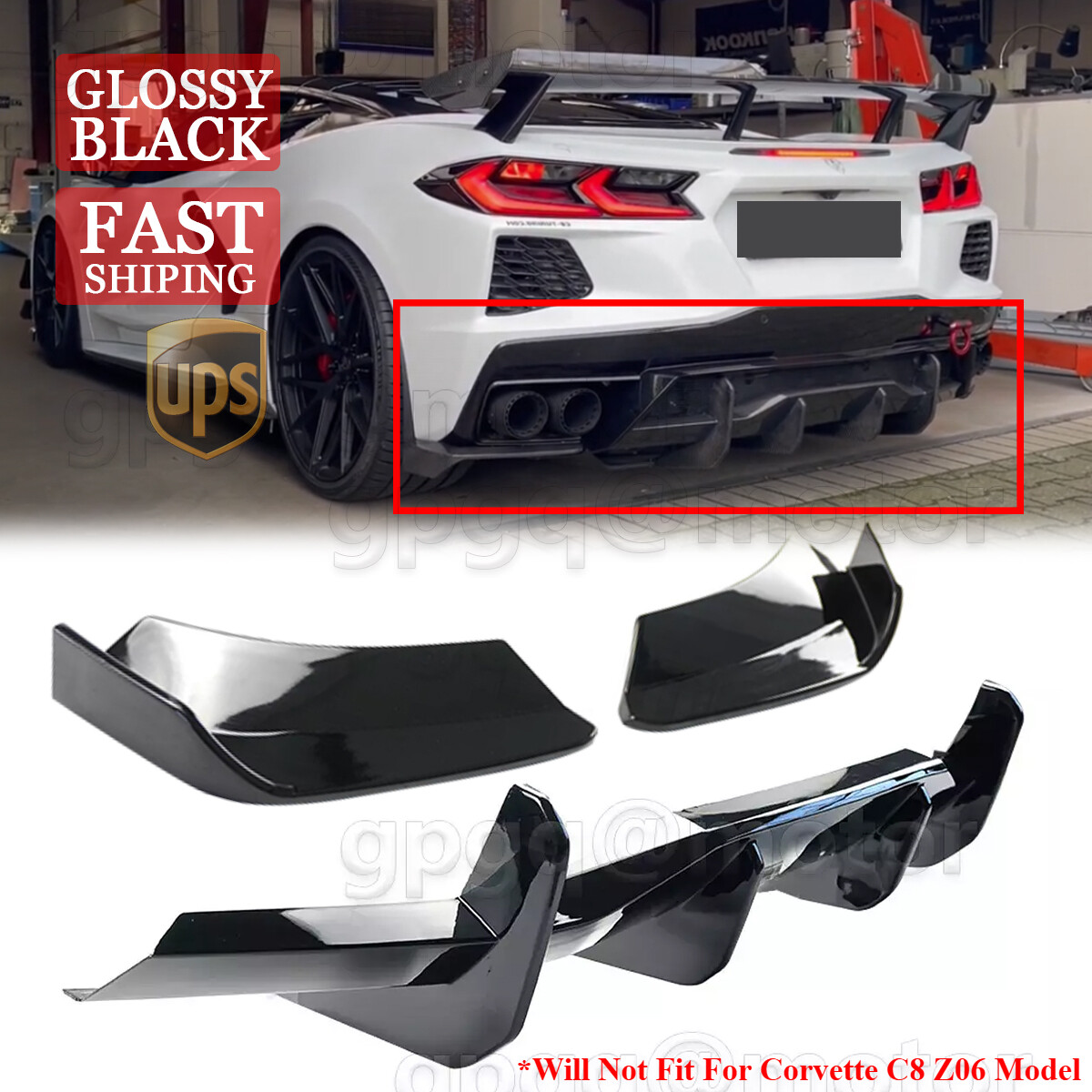 For Corvette C8 Z51 20-2024 STG 3 Black Rear Bumper Diffuser & Side ...