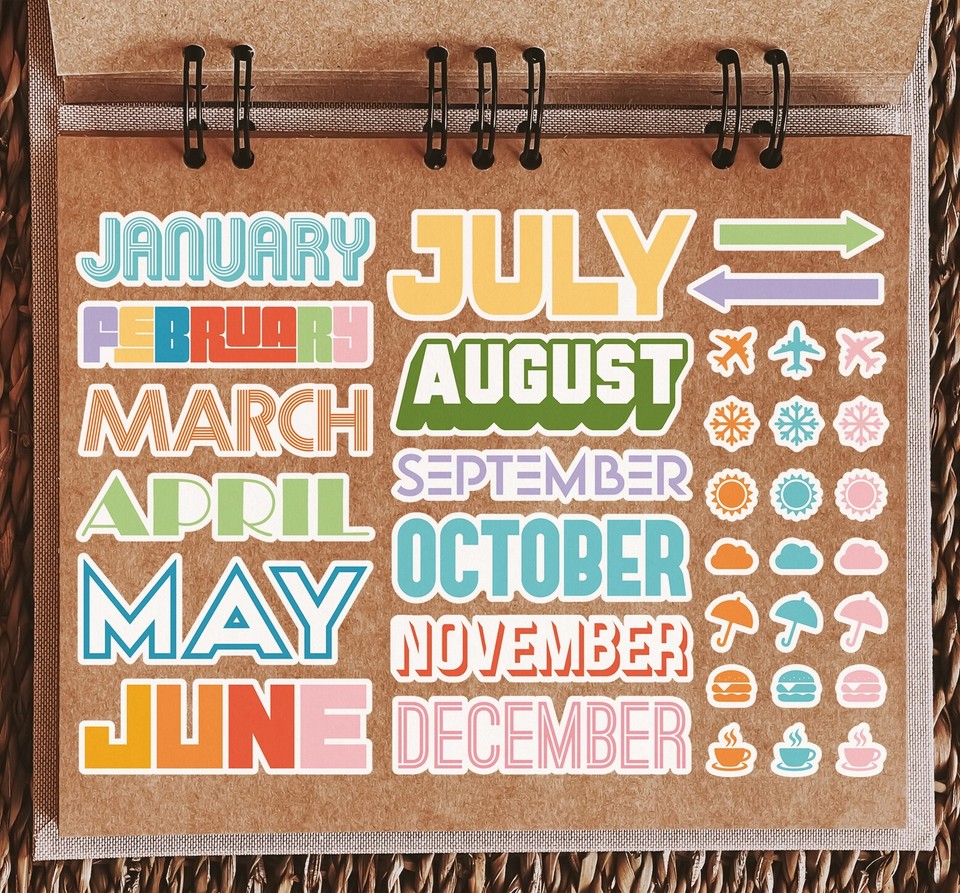 A5 Sticker Sheet Scrapbook Vinyl Stickers - Months Journal Labels Icon ...