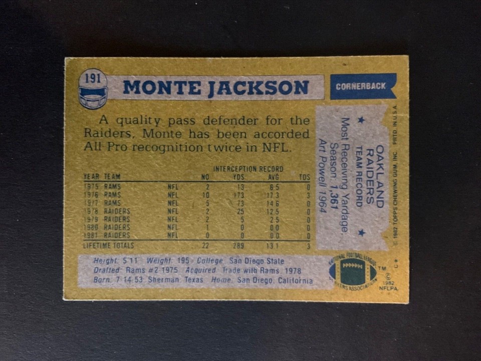 Monte Jackson 1982 Topps Football Card #191 - Oakland Raiders ...
