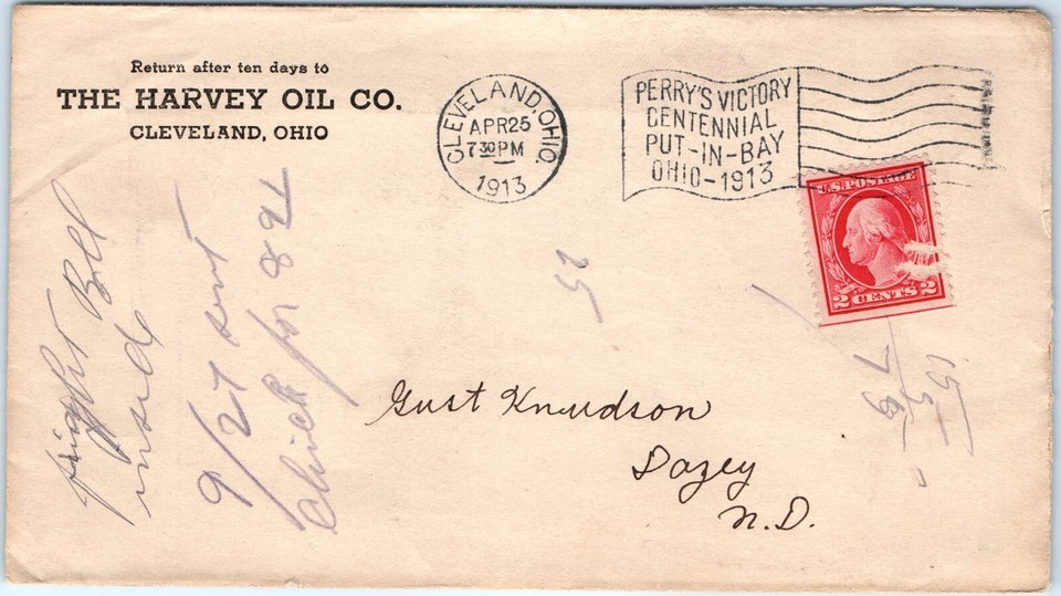 1913 Cleveland, OH Harvey Oil Envelope Cover Perrys Victory Centennial ...