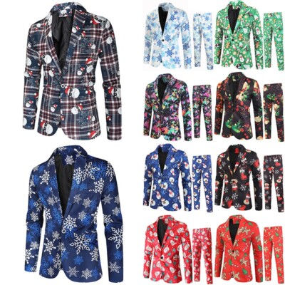 Mens Christmas Blazer Festive Coat Print Suits Jacket Xmas Party Jacket ...
