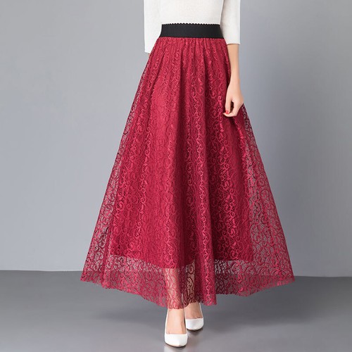 Women Formal Floral Lace Midi Skirt High Waist A-line Elastic Half ...