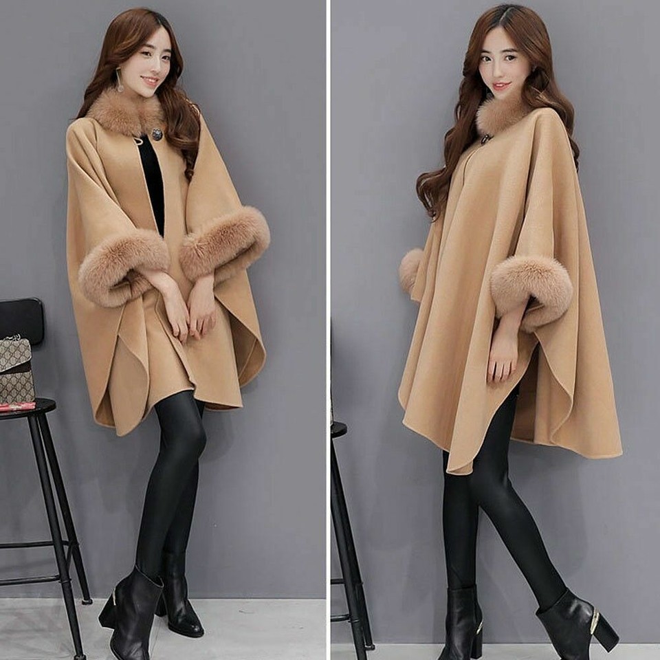 Women's Flare Sleeve Faux Fox Fur Collar Winter Cloak Cape Coat Poncho ...