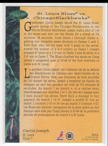 1993-94 Parkhurst Stanley Cup Playoffs Curtis Joseph St. Louis Blues ...