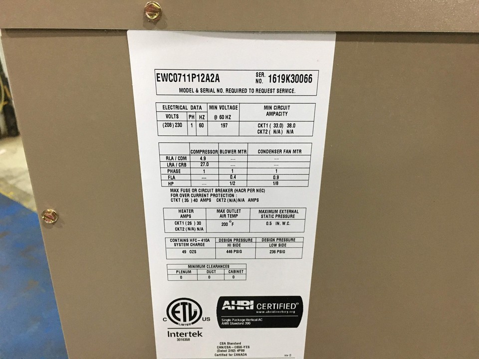 MAGIC PAK EWC0711P12A1 1 TON UPFLOW MAGIC-PAK 7 KW ELECTRIC HEAT 11 EER ...