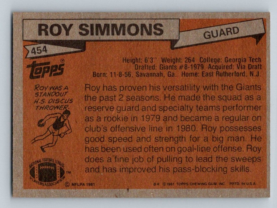 Roy Simmons #454 1981 Topps New York Giants RC | eBay
