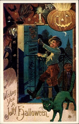 Repro Halloween postcard JOL witch cat owl vintage postcard d393 | eBay