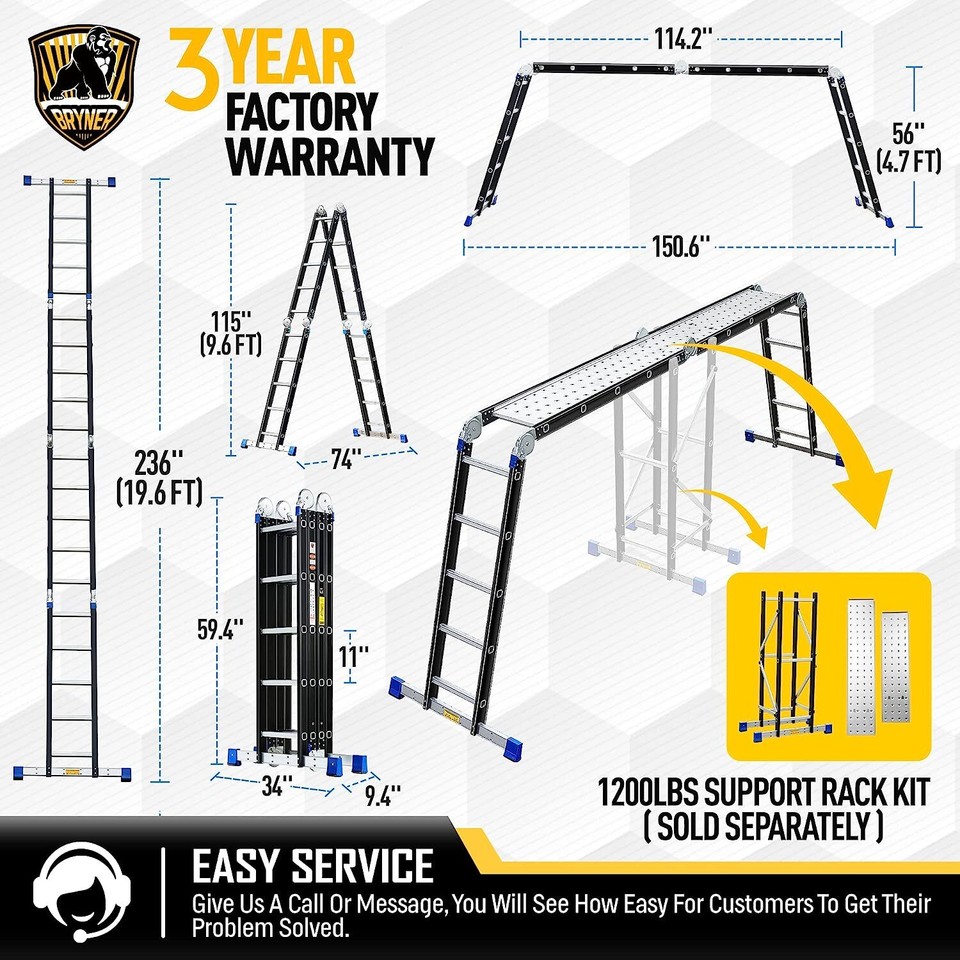 Folding Ladder 19.6ft Aluminium Extension Ladders 7-1 Folding ...