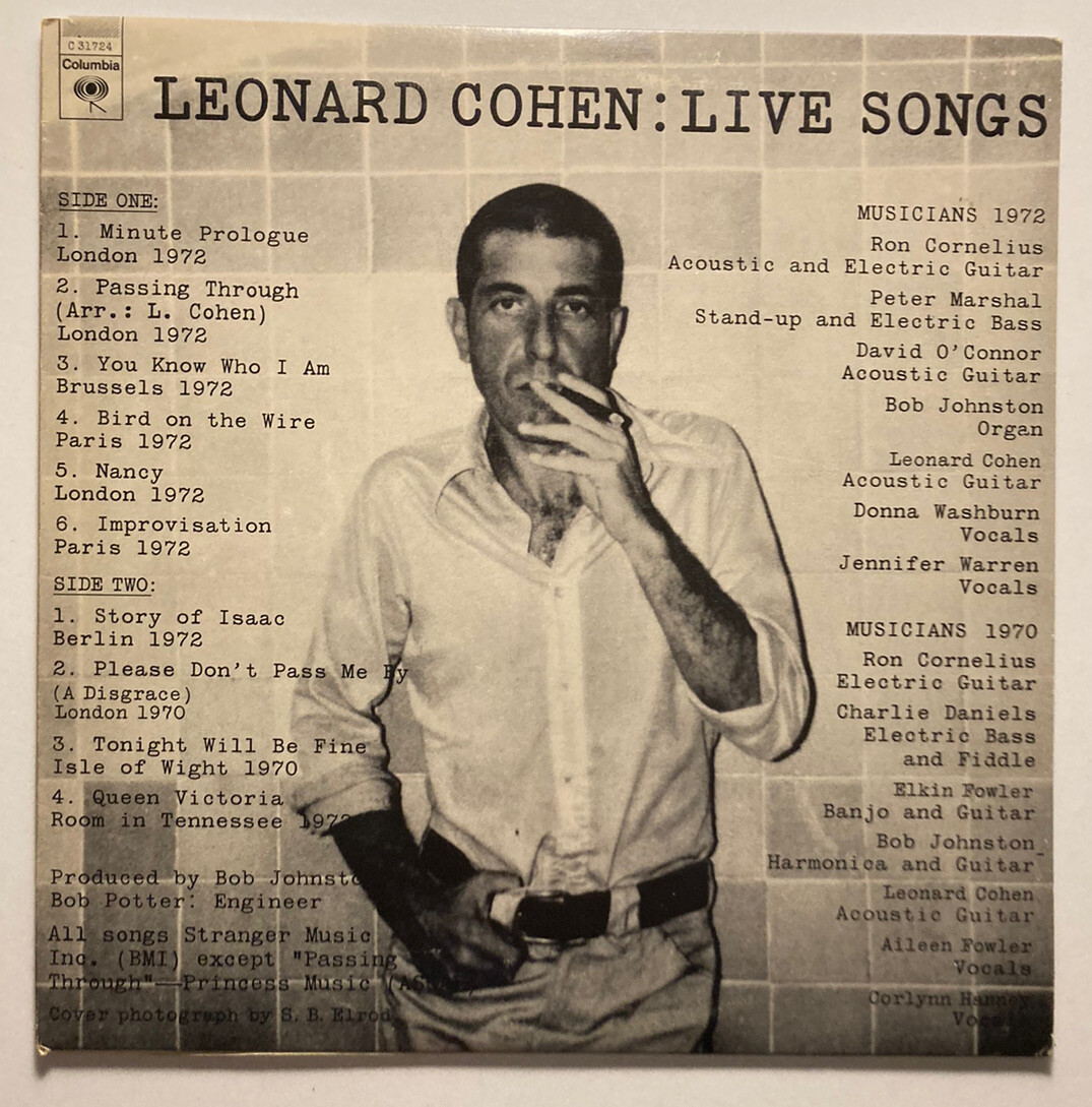 LEONARD COHEN “Live Songs” 1973 Vinyl LP Columbia Records C 31724 LIVE ...