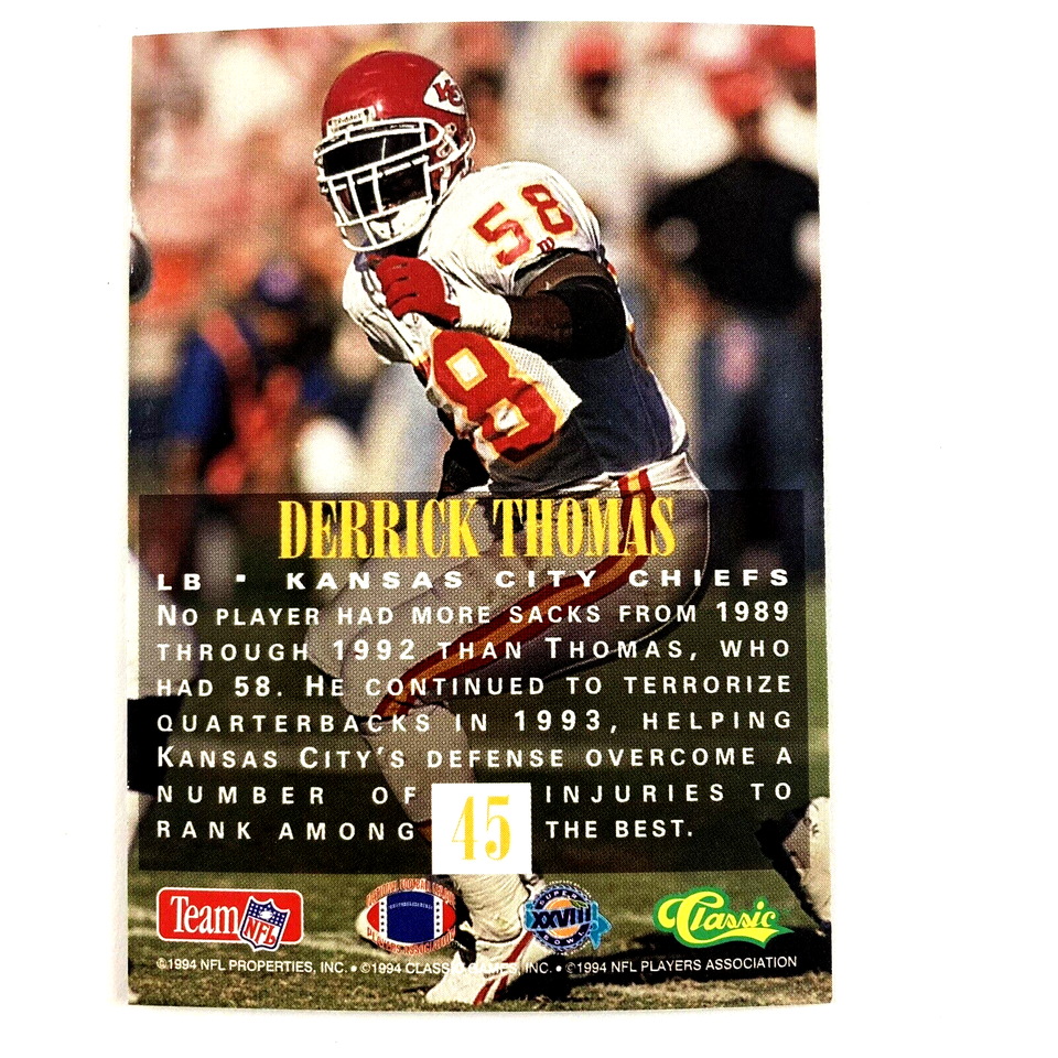 Derrick Thomas 1994 Classic NFL Experience Card #45 Kansas City Chiefs ...