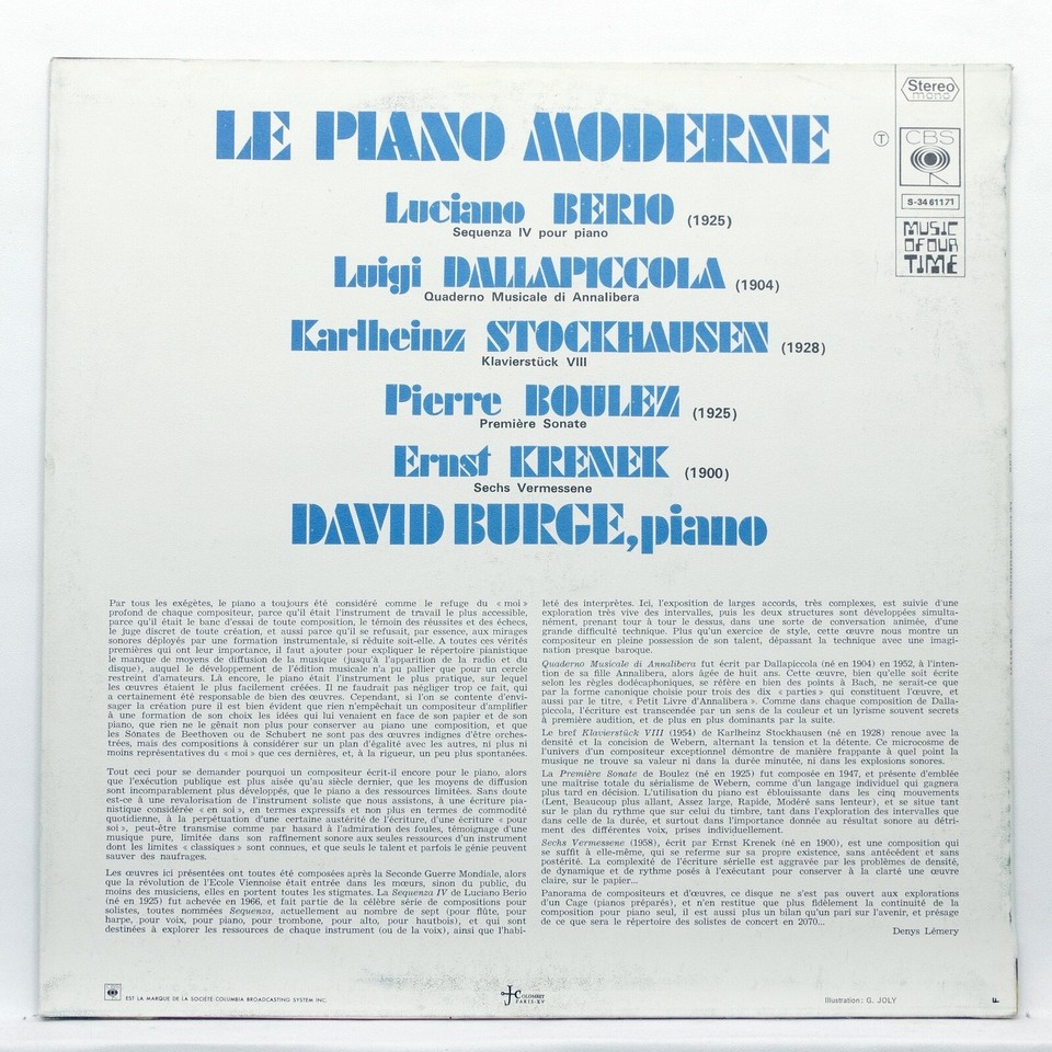DAVID BURGE modern piano BERIO, DALLAPICCOLA, STOCKHAUSEN, BOULEZ - CBS ...