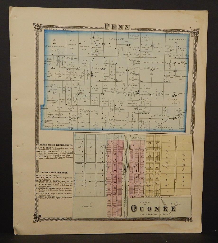 Illinois Shelby County Map Penn Oconee Townships 1875 Z7#09 | eBay