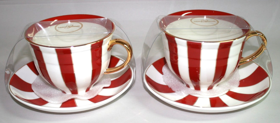 Grace Teaware Set of 2 Teacup & Saucer Sets Red & White Stripes w/ Gold ...