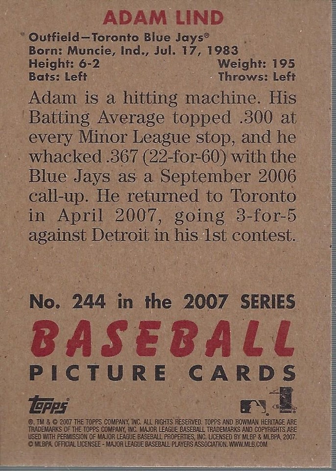 2007 Bowman Heritage Rainbow Foil #244b Adam Lind No Sig - BB | eBay
