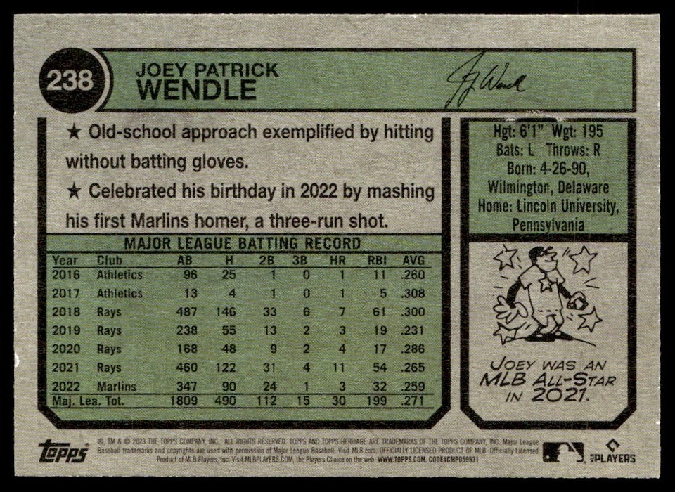 2023 Topps Heritage Joey Wendle Miami Marlins #238 | eBay UK