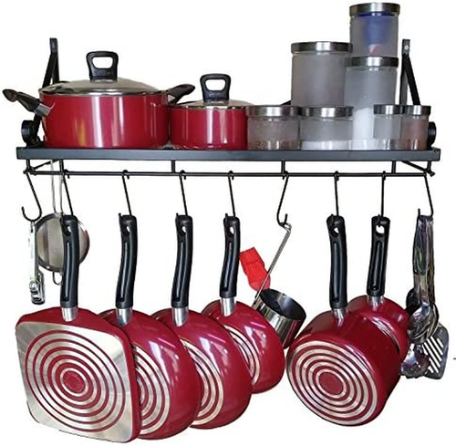 30" Wall Mounted Pots and Pans Rack. Pot Holders Wall Shelves with 12 ...