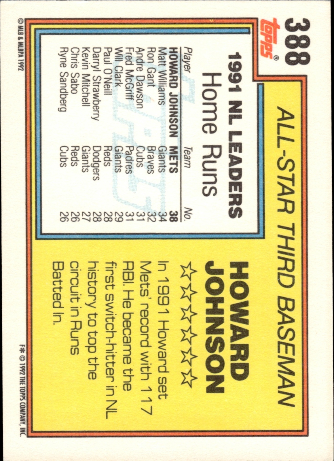 Howard Johnson AS, LL - 1992 Topps Baseball #388 - New York Mets + FREE ...