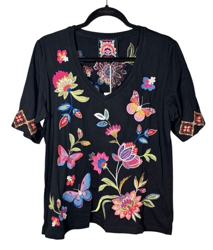 Johnny Was Gracey Trapunto Tee T-Shirt L Black Embroidered Cotton V ...