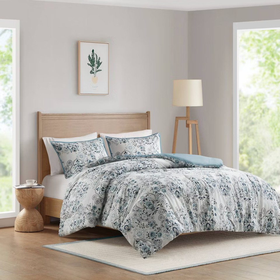 3pc Full/Queen Elsie Floral Printed Comforter Set Blue - Madison | eBay