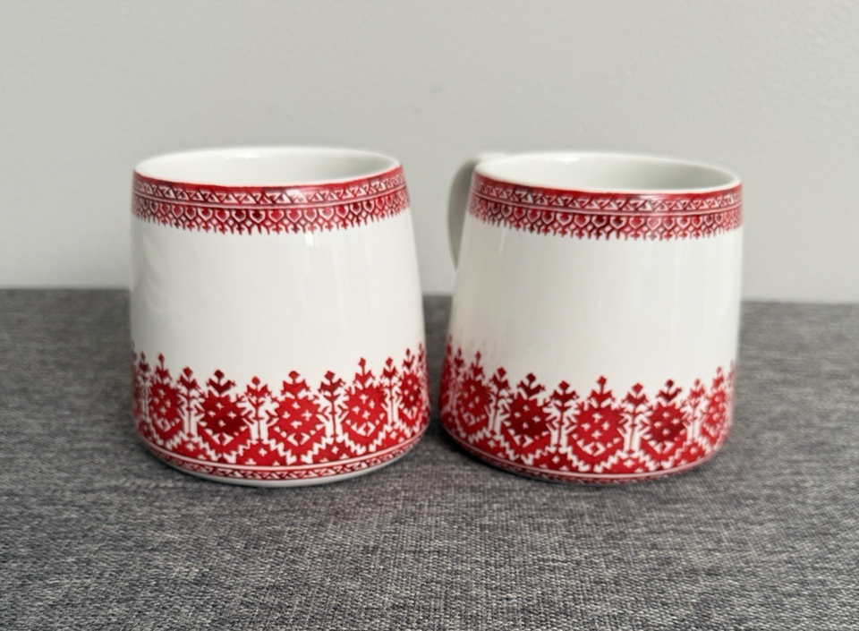 Pottery Barn Tahoe Fair Isle Stoneware Mugs 2 Red White 16 oz Nordic ...
