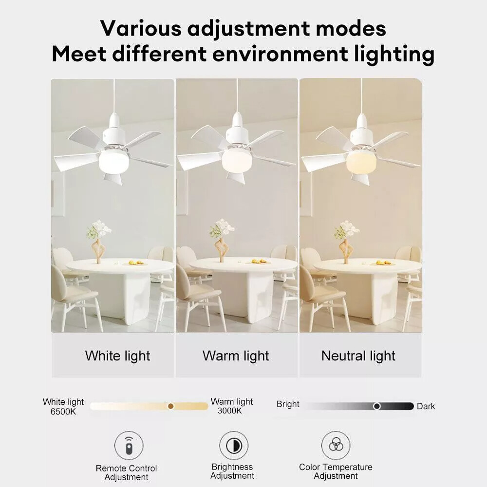 Small Ceiling Fan E27 Socket Fans 30W with Dimmable LED Lights Remote ...