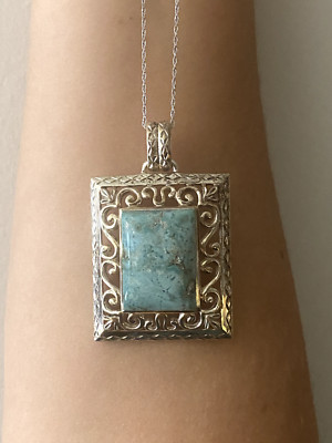 Glamorous Genuine Rectangle Turquoise Stone Center 925 Silver Pendant ...