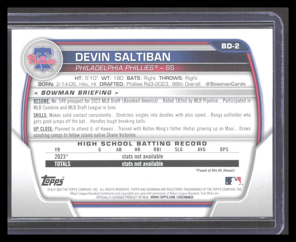 2023 Bowman Draft Devin Saltiban 1st Prospects #BD-2 Philadelphia ...