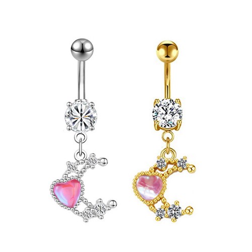 Pink Zircon Pendant Belly Button Ring Stainless Steel Navel Piercing ...