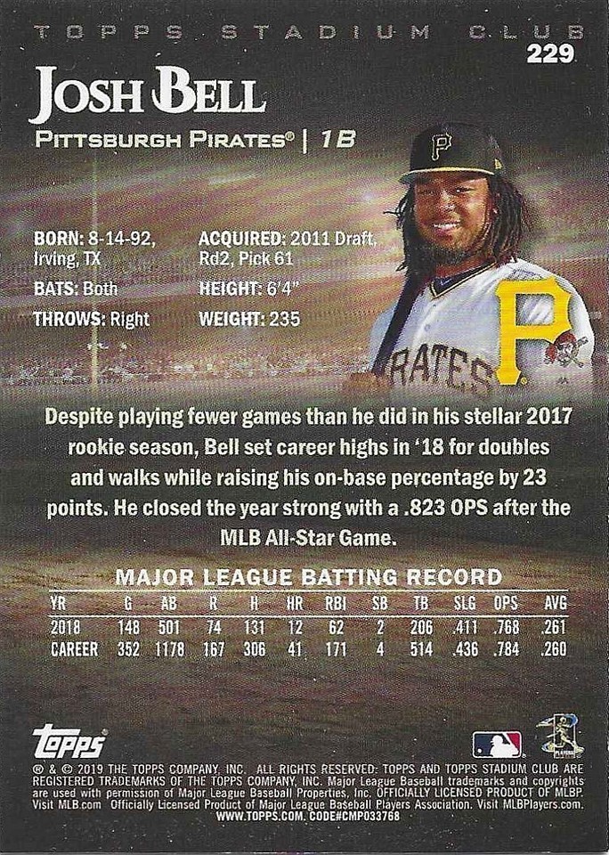 2019 Topps Stadium Club Josh Bell #229 Black Parallel Pittsburgh ...