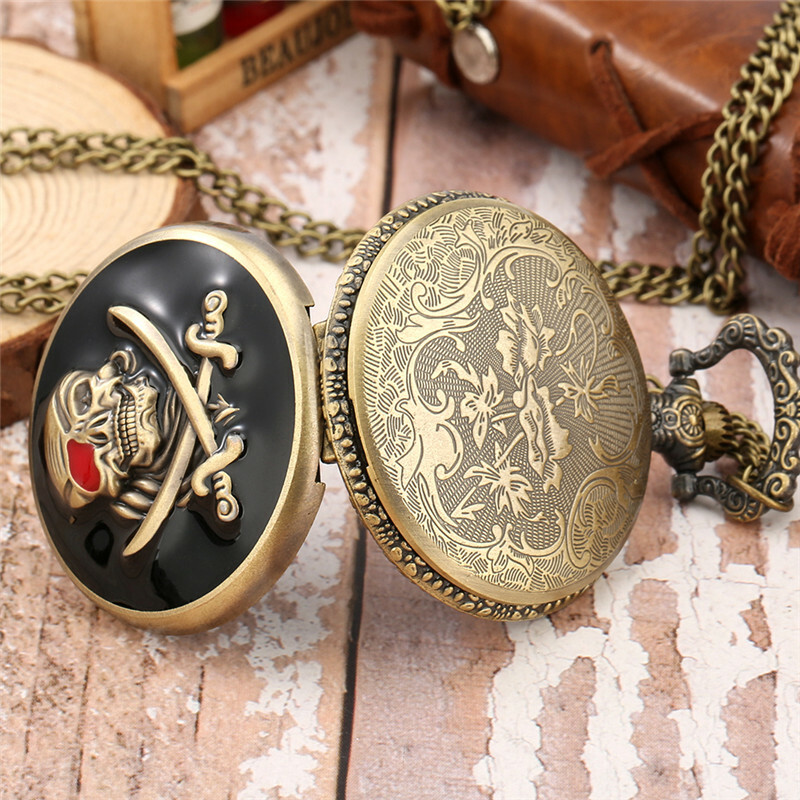 Vintage Bronze Skull Pirate Quartz Pocket Watches with Necklace Chain ...