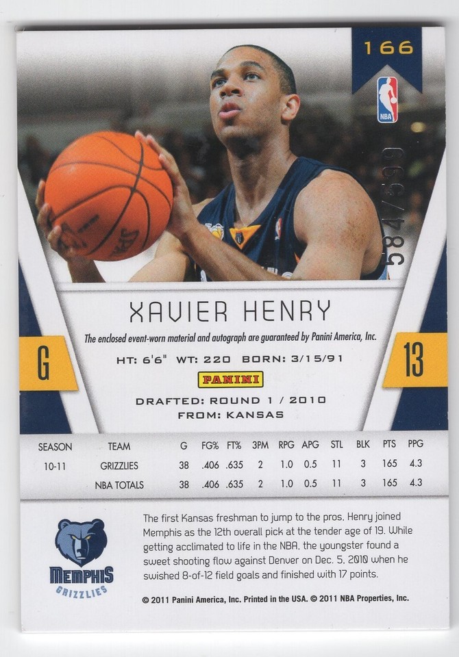 XAVIER HENRY 2010-11 Panini Totally Certified RC Rookie AUTO /599 #166 Grizzlies | eBay
