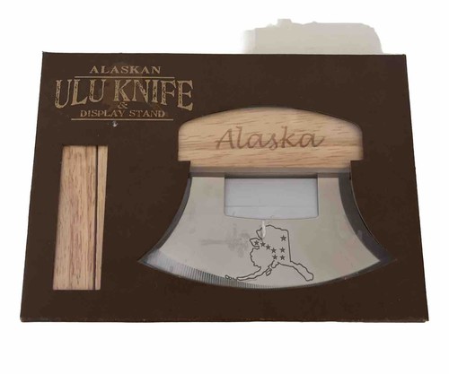 Alaskan ULU Knife Blade Stainless Steel Wood Handle & Display Stand ...