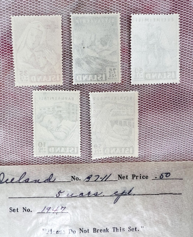 1947 Set of 5 ICELAND Helping/Caring Stamps with Original Glassine ...