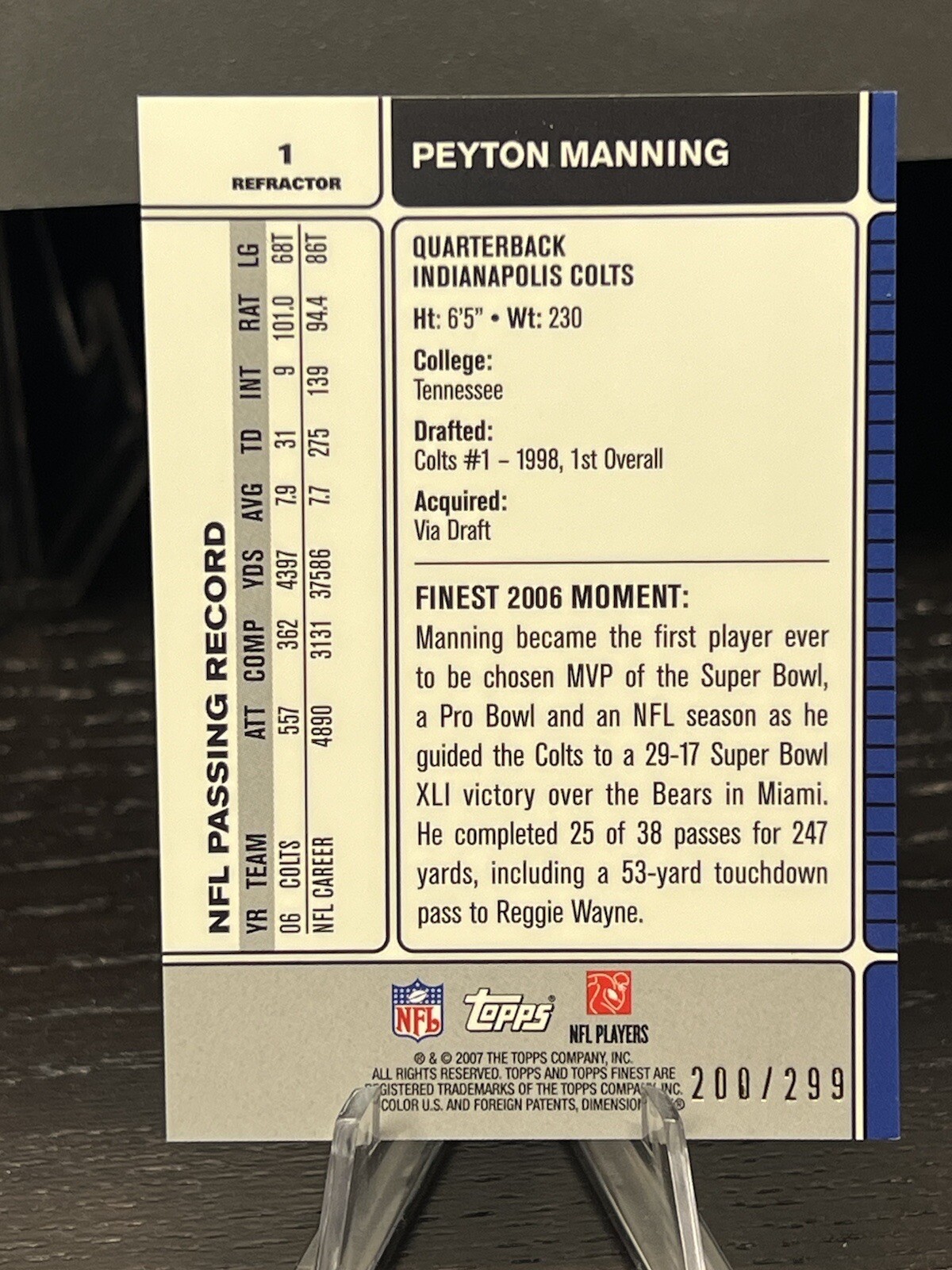 2007 Topps Finest - Blue Refractor #1 Peyton Manning /299 for sale ...